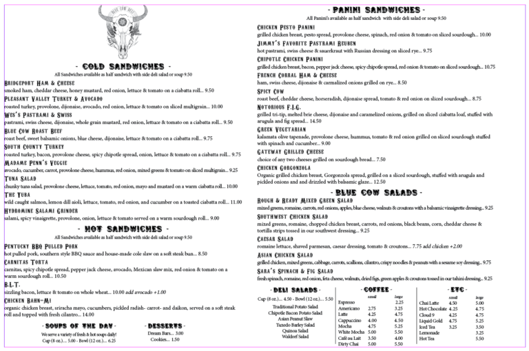 Menu · Sandwiches, Salads, Soups, Coffees, Desserts · Blue Cow Deli