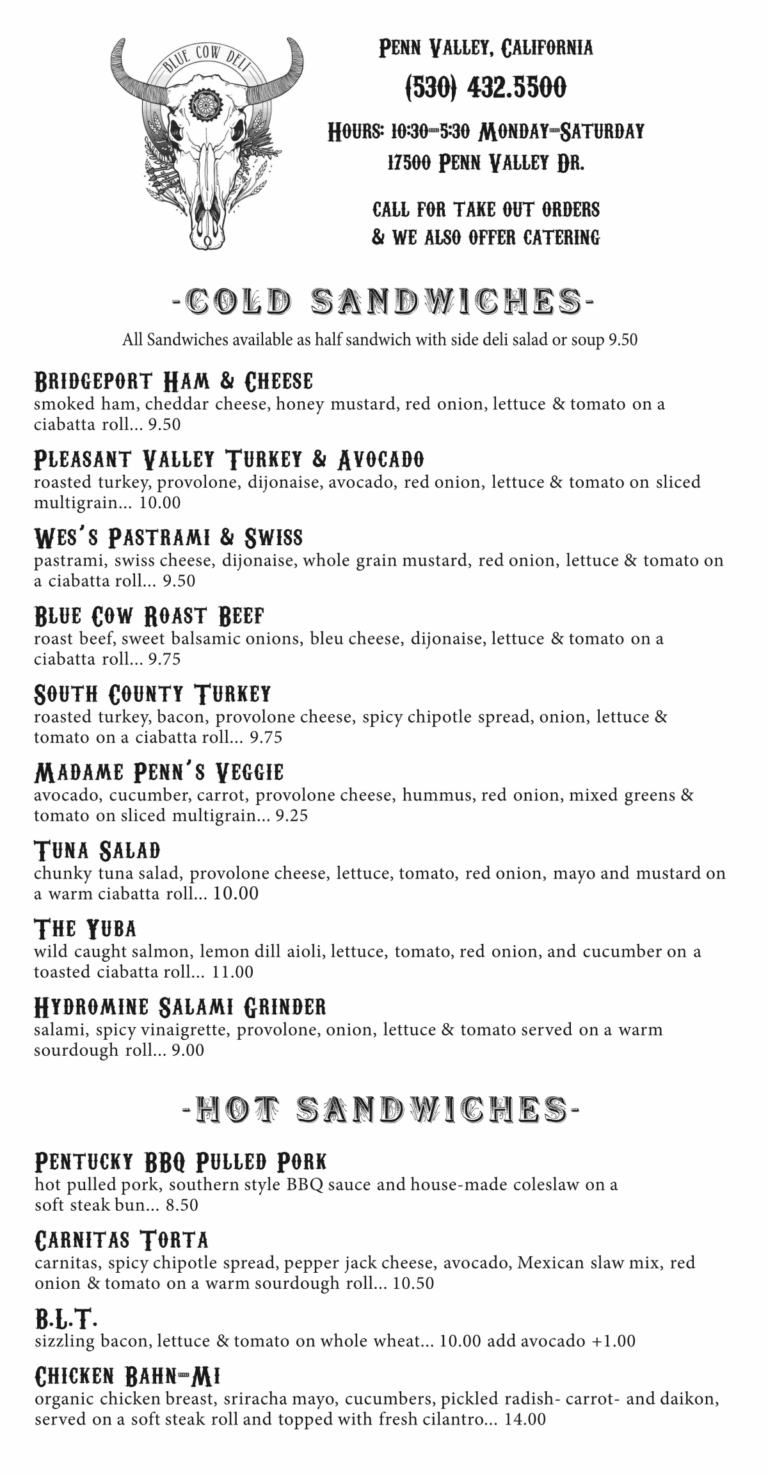Menu · Sandwiches, Salads, Soups, Coffees, Desserts · Blue Cow Deli